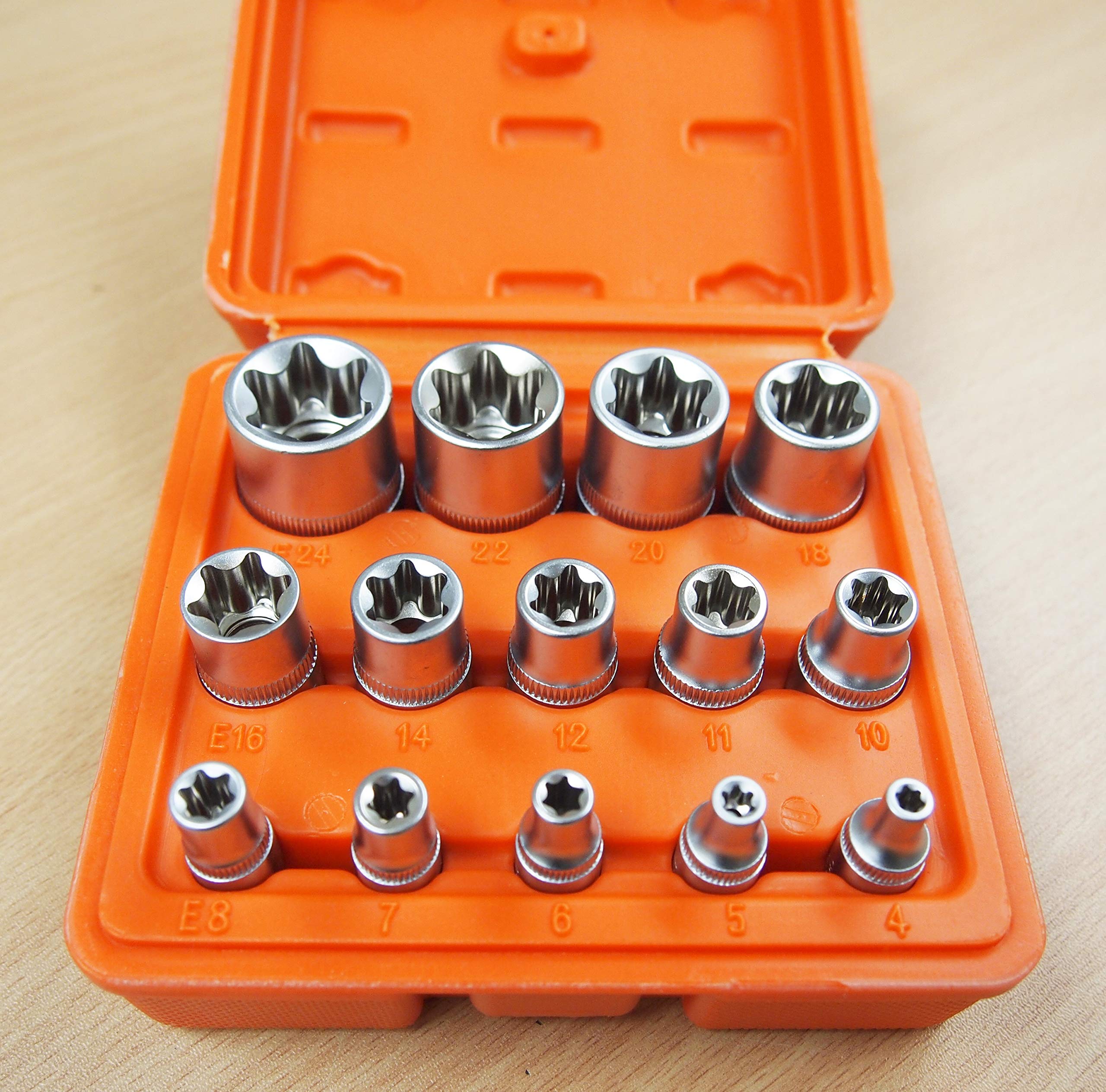 HOTECHE 14 PC E Torx Star Female Bit Socket Set 1/2"/3/8"/1/4" Drive E4 -E24