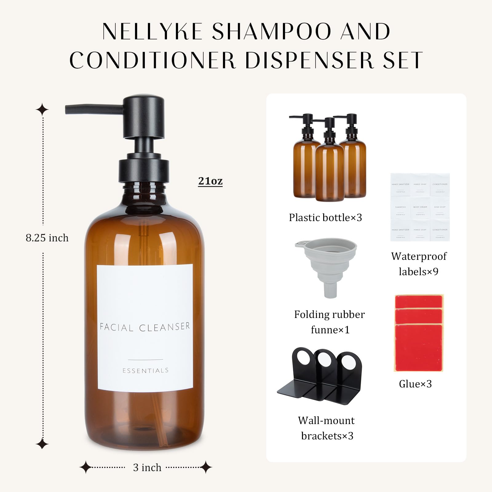 Nellyke Shampoo and Conditioner Dispenser for Shower, 21oz Set of 3 Brown Shower Soap Dispenser Wall Mounted No Drill Shampoo Bottles for Bathroom