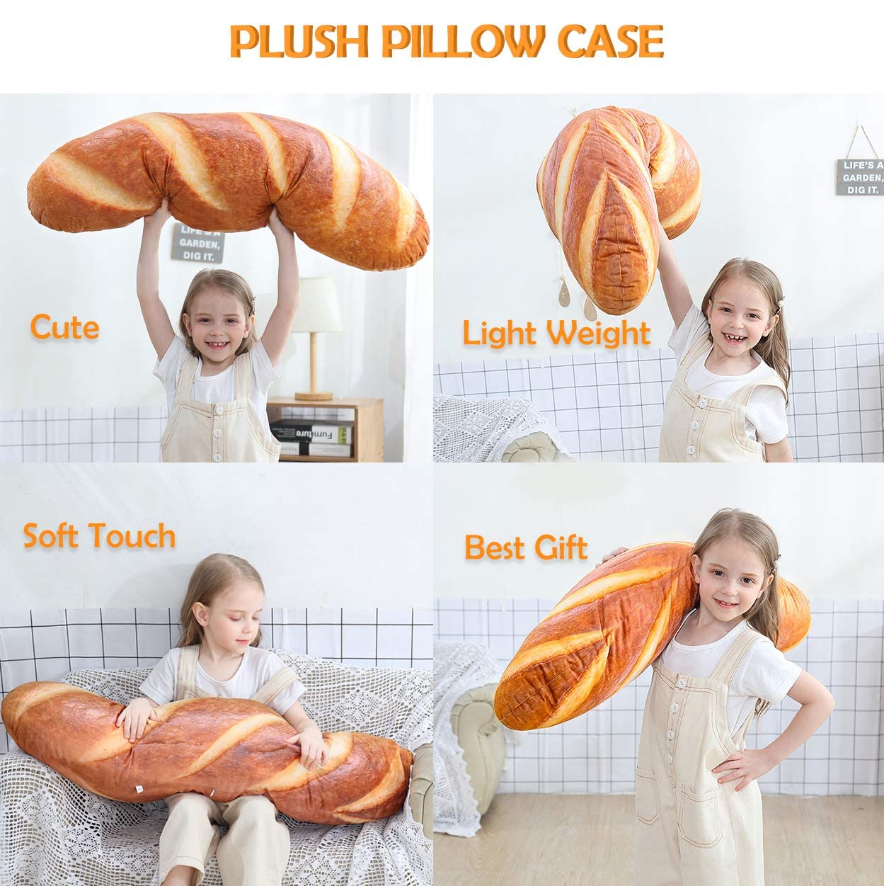 Wepop 32 in 3D Simulation Bread Shape Pillow Soft Lumbar Baguette Back Cushion Funny Food Plush Stuffed Toy