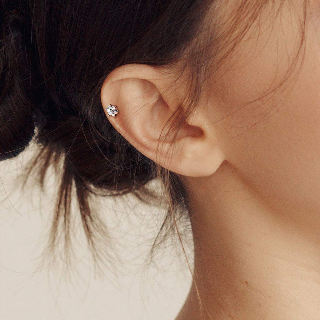 Dynamique Implant Grade Titanium Threadless Push In Labret, Flat Back Studs With CZ Set Flower Top For Cartilage, Monroe And Nose (Sold Per Piece)