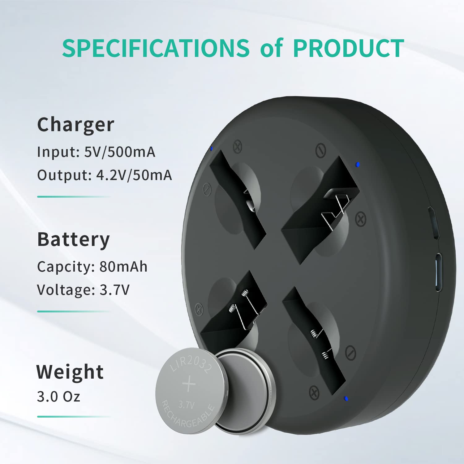 LP 2032 Rechargeable Battery Charger Pack DC 4.2V 50mA Fast Charging with 4PCS 3.7V 80mAh High Capacity Compatible with LIR2032 2025 2016 2430 2440 2450 2466 2477 1620 1632 Lithium Button Batteries