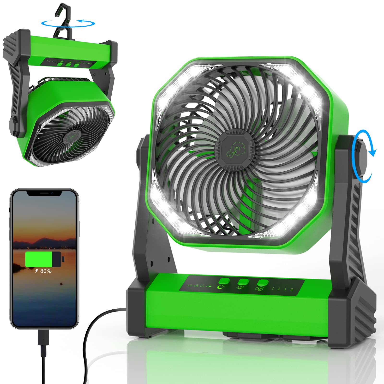 Higheed Camping Fan with LED Lantern, 20000mAh Rechargeable Battery Operated Tent Light & Hook, 270° Pivot, 4 Speeds, Personal USB Desk for Camping, Fishing, Power Outage, Barbecue, Jobsite