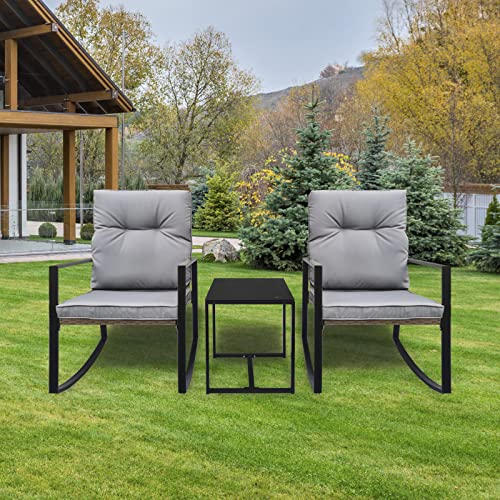 YIYAN 3 Piece Bistro Set Outdoor Patio Rocking Wicker Chairs with Washable Cushion and Coffee Table (Gray)