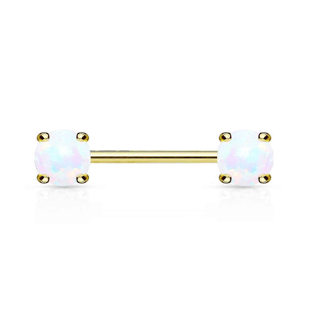 Dynamique Opal Prong Set Front Facing Ends 14Kt. Gold Plated Over 316L Surgical Steel Nipple Barbells (Sold Per Pair Or Piece)