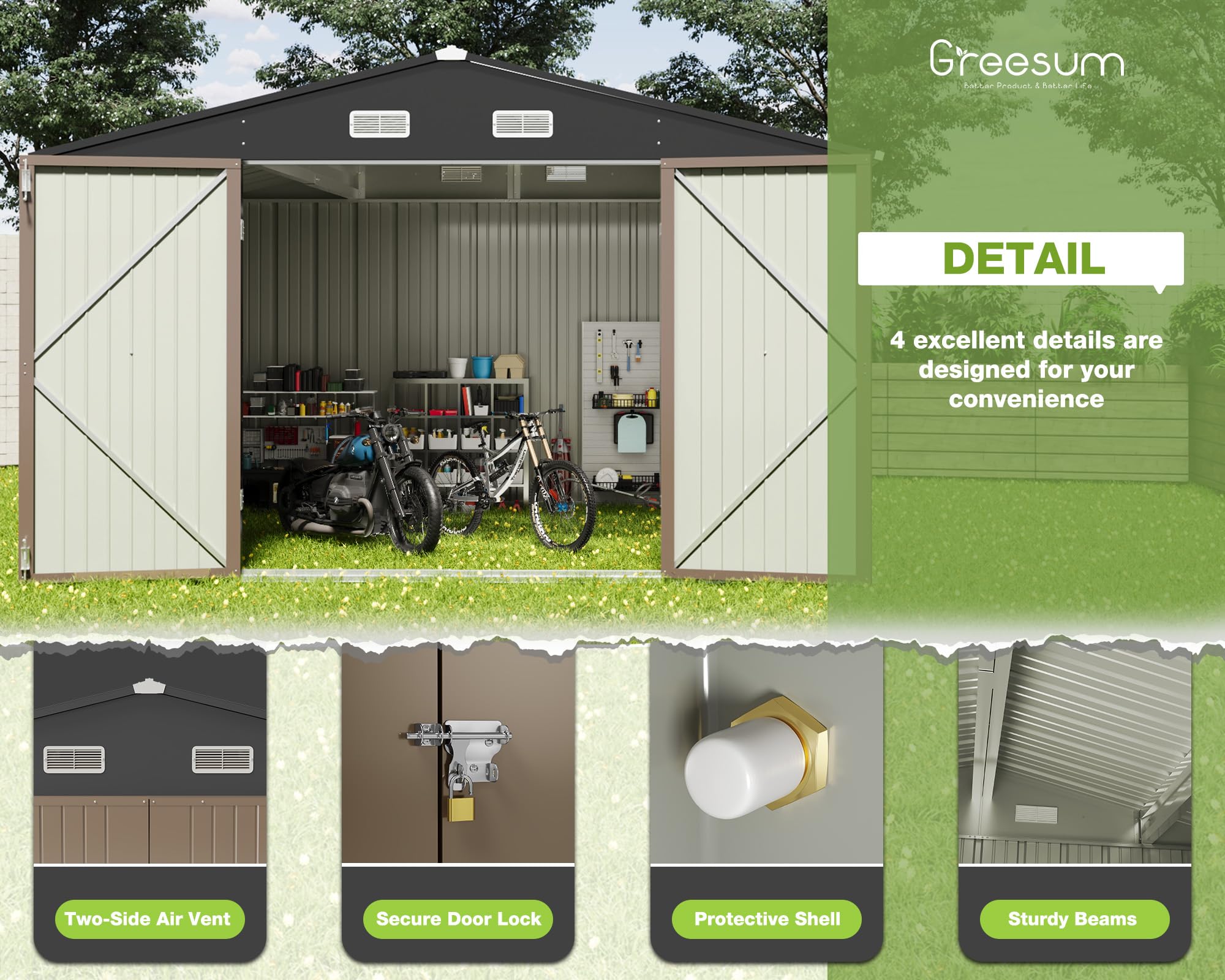 Greesum Outdoor Storage Shed 10 x 10 ft. Utility Tool Shed Metal Storage Garden Shed with Door & Lock for Patio Storage, Brown