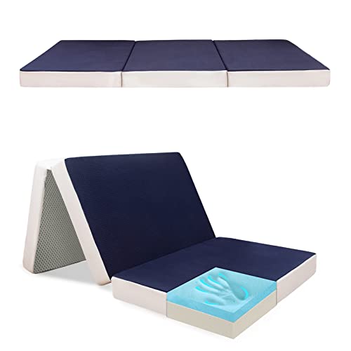 MAXYOYO Foldable Mattress, Memory Foam Trifold Mattress Camping Mattress 4 Inch, Portable Floor Mattress Folding Bed with Washable Cover Cot Folding Mattress for Travel, Van, Guest, Navy, 32x75 Inch