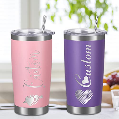 Personalized Water Bottles with Straw 20oz Custom Stainless Steel Sports Water Bottle with Engraved Name Text Customized Insulated Double Wall Water Bottles for School Sports(Blue)