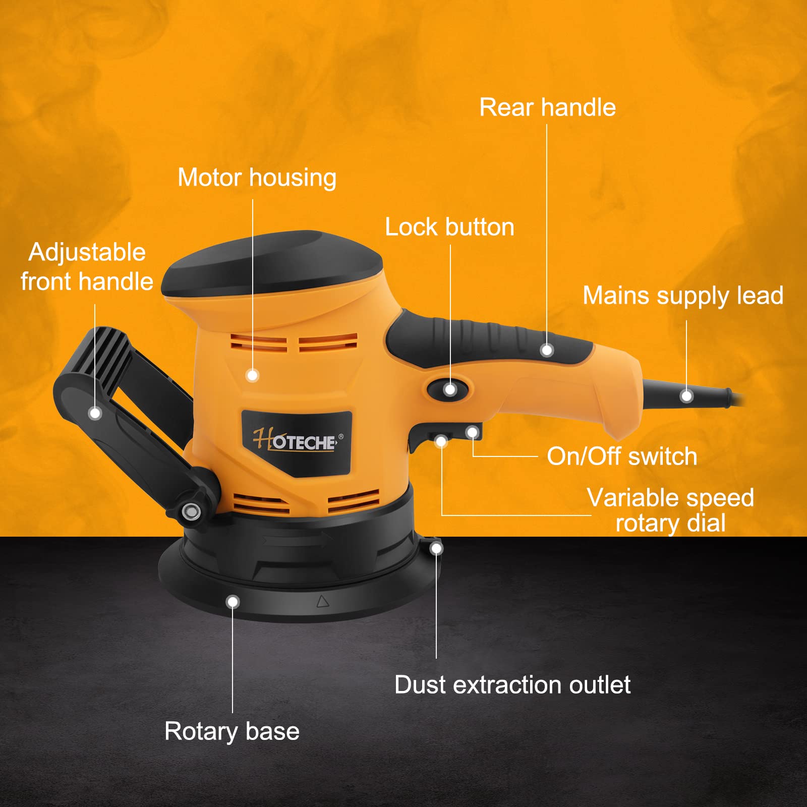 Hoteche Random Orbital Sander 3.8-Amp/450W 5-Inch Variable Speed Palm Power Sander 14,000 RPM Electric Drywall Sander Tool for Woodworking with Dust Collector and 5Pcs Sand Papers