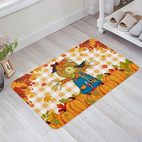 Fall Bathroom Rugs Scarecrow Crow Pumpkin Fall Bath Mat Sponge Doormat, Maple Leaf Buffalo Plaid Absorbent Bath Mat Non Slip Washable Durable Foam Mats Carpet for Bathroom Kitchen,18 x 30 Inch