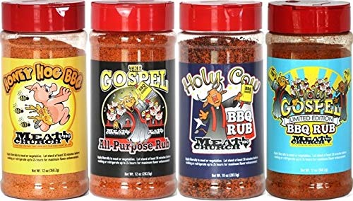 Meat Church Holy Rub & Seasoning Sampler (Variety Pack of 4 w/ 1 each of The Holy Gospel, Holy Cow, Honey Hog & The Gospel)