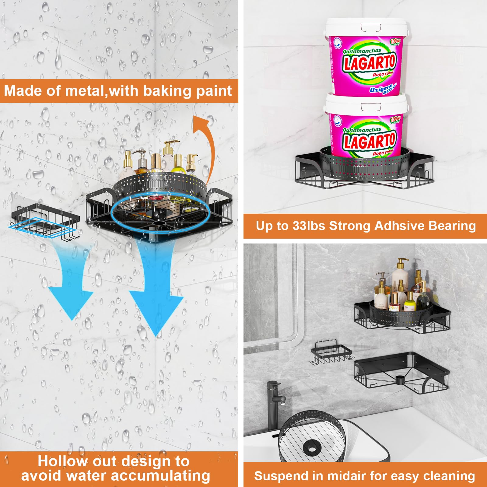 NADAMOO Rotating Corner Shower Caddy, 2 Pack 360° Rotate Turntable Shower Organizer Shelf with Soap Holder,Adhesive Stainless Steel Storage Rack for Bathroom and Kitchen