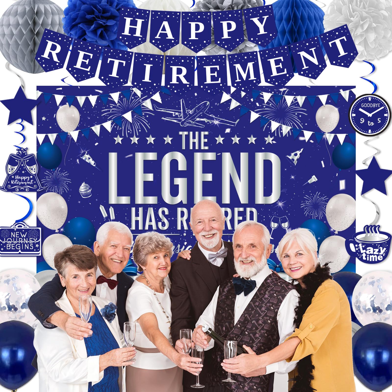 Retirement Party Decorations Blue Silver Happy Retirement Decorations for Men Women, Happy Retirement Banner, Retired Backdrop, Balloons, Pompoms, Hanging Swirl, Retirement Card, Cake Topper Set 54pcs