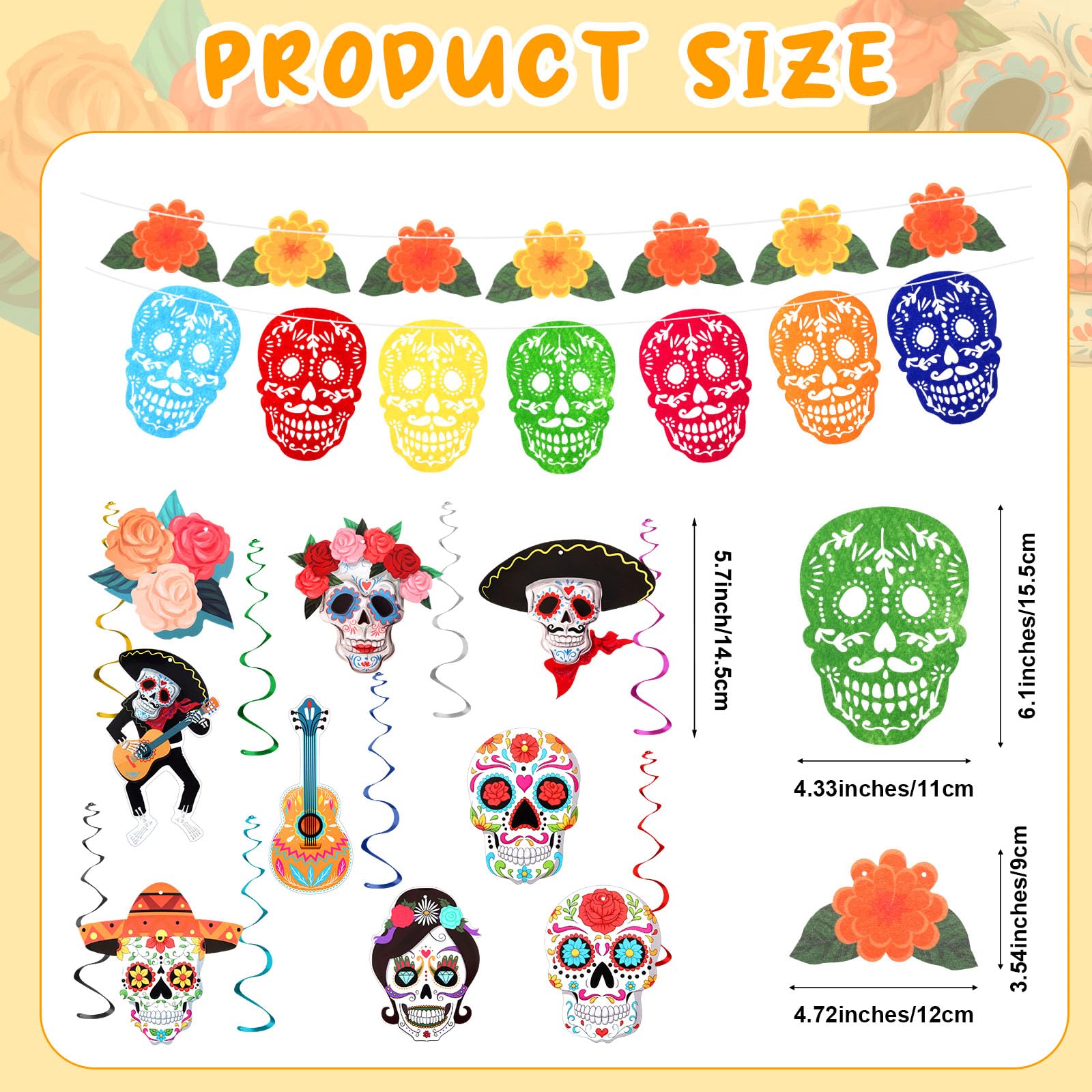 Hotop 39 Pcs Day of the Dead Decor Set Altar De Ofrendas Marigold Garland String Lights Dia De Los Muertos Table Runner Mexican Party Banners Skull Hanging Swirl Monarch Butterfly (Orange and Yellow)