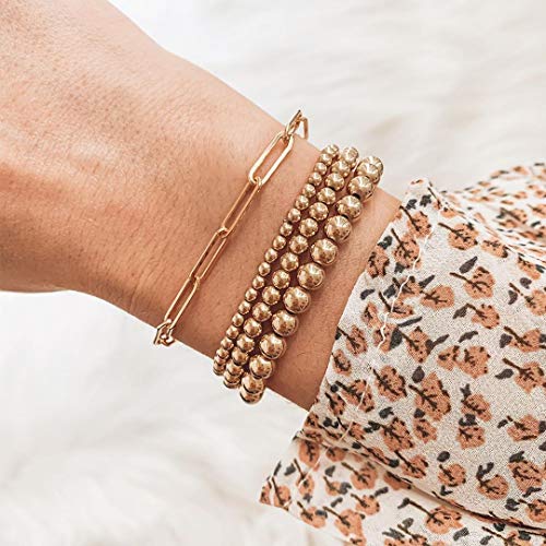 Reoxvo Dainty Gold Beaded Bracelets Jewelry Set for Women Trendy 14K Gold Paperclip Link Chain Bracelet Stack