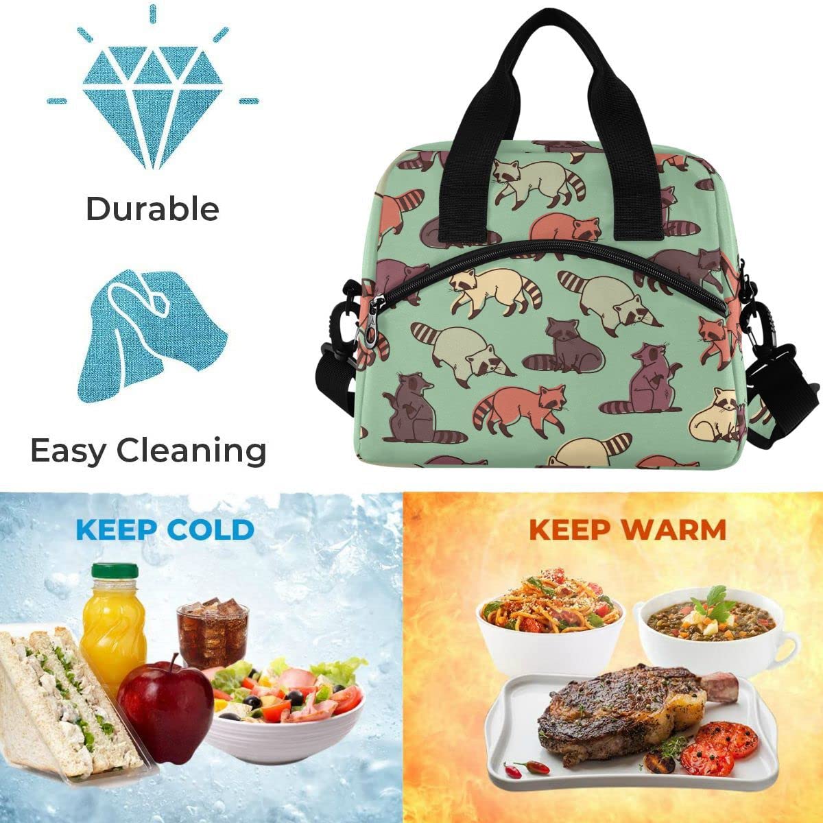 Glaphy Raccoon Cartoon Lunch Bag Insulated Lunch Box Tote Food Container Meal Prep Cooler Handbag