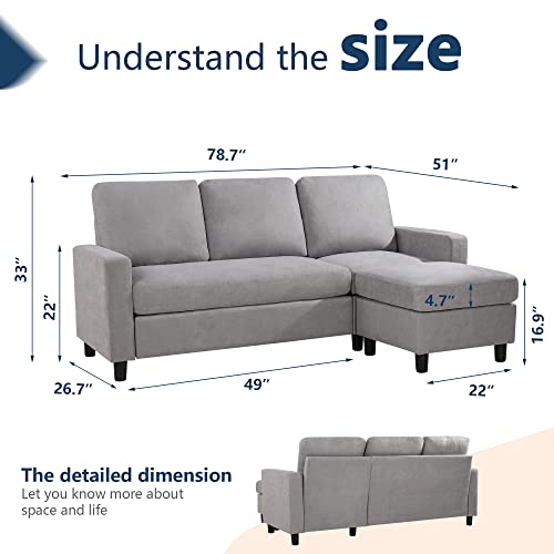 JY QAQA Convertible Sectional Sofa Couch,78’’ L-Shaped Couch with Modern Linen Fabric 3-Seat Wide Reversible Chaise for Small Space(Light Grey)