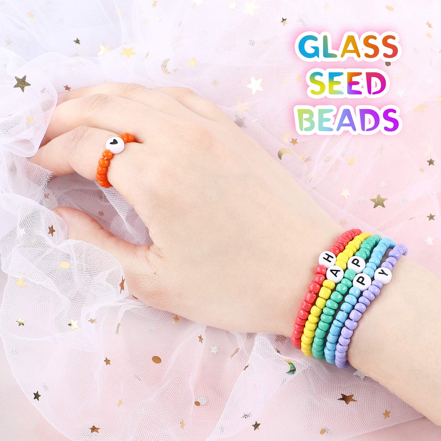DICOBD Beads Kit for Bracelets, 6000pcs 4mm Glass Seed Beads and 1200pcs Letter Beads with 2 Rolls of Cord for Bracelets Necklaces and Key Chains Making