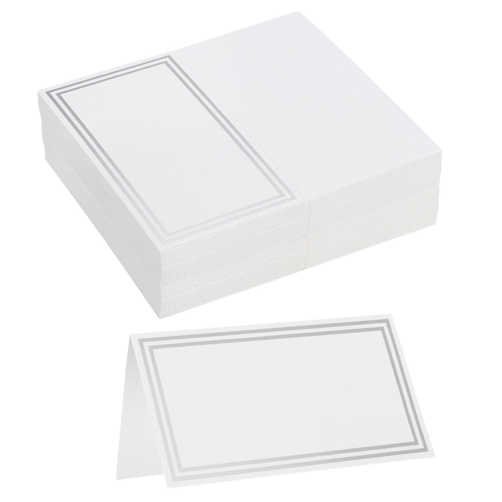 MECCANIXITY 40pcs Place Cards, Line Border Printable Place Name Cards for Table Setting Wedding Dinner Parties Events Reserved Seating, White Silver Double Line