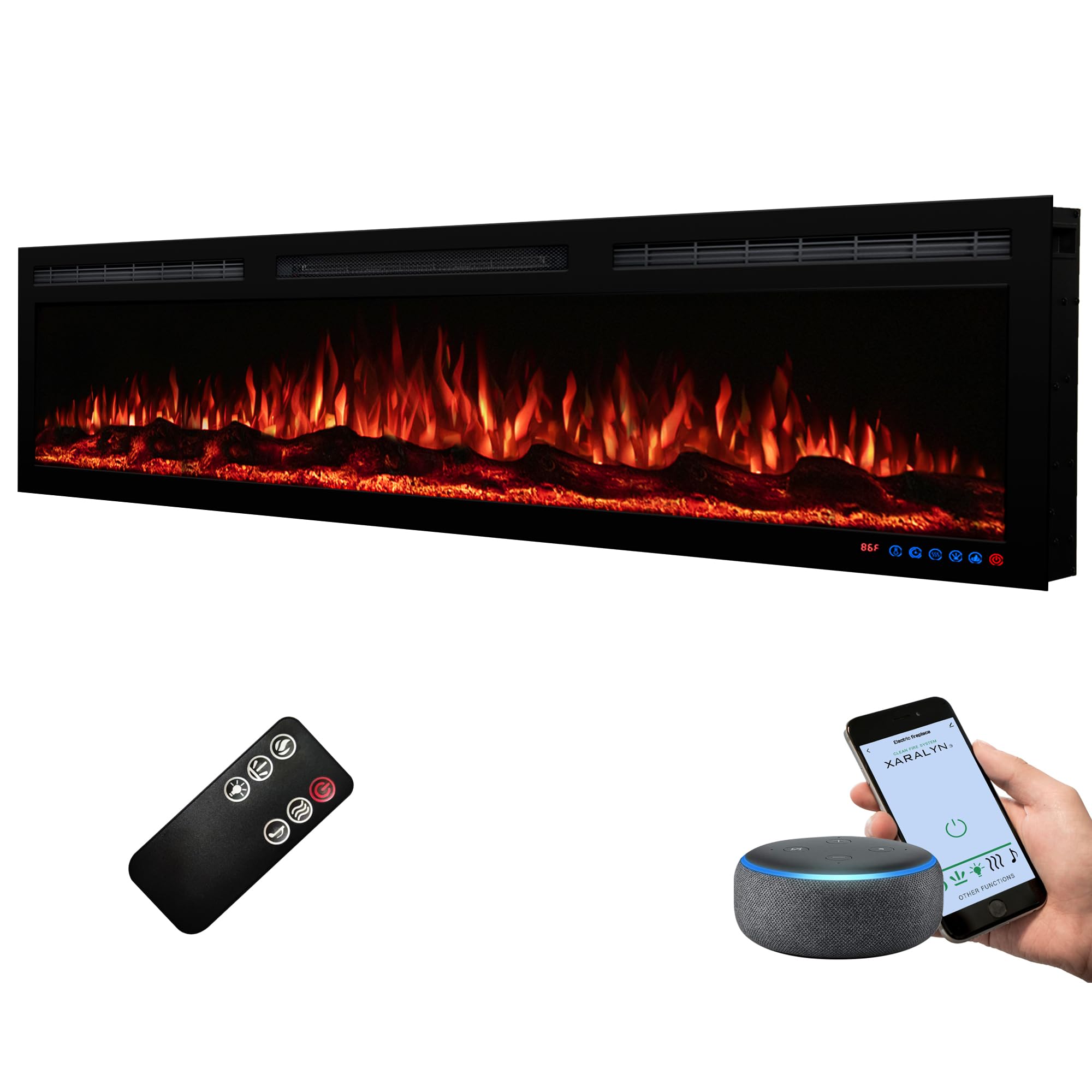 Dreamflame 60" WiFi-Enabled Electric Fireplace, Smart Control via Alexa or App, Recessed & Wall Mounted Fireplace Heater with Thermostat, Slim Frame, Multi-Color Combinations, Black