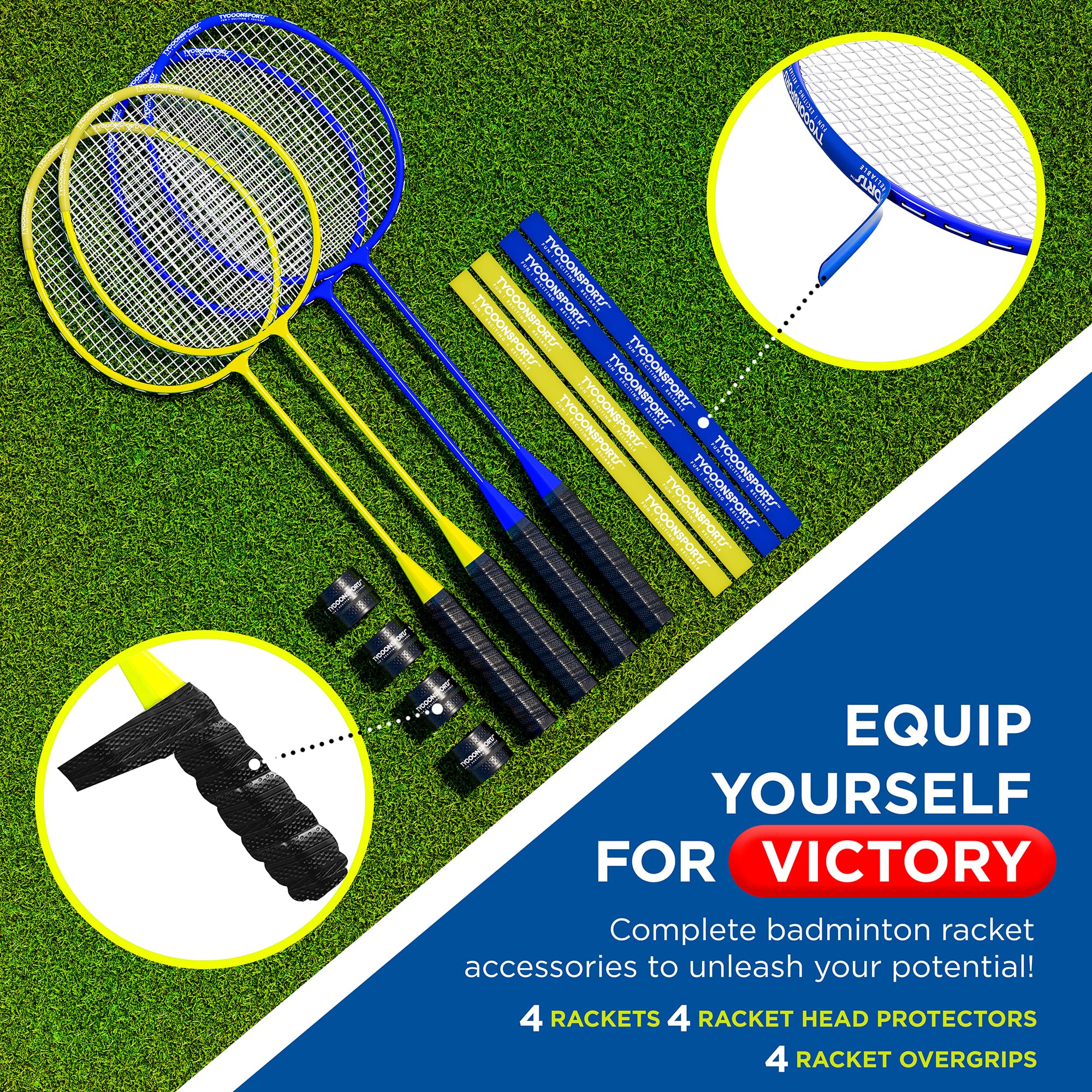 Complete Badminton Set | Portable Badminton Net with Stand 10 x 5 | 4 Badminton Rackets | 4 Over-Grips | 4 Racket Protectors | 8 Badminton Birdies (4 LED & 4 Goose-Feather) | 1 Hard Carry Case