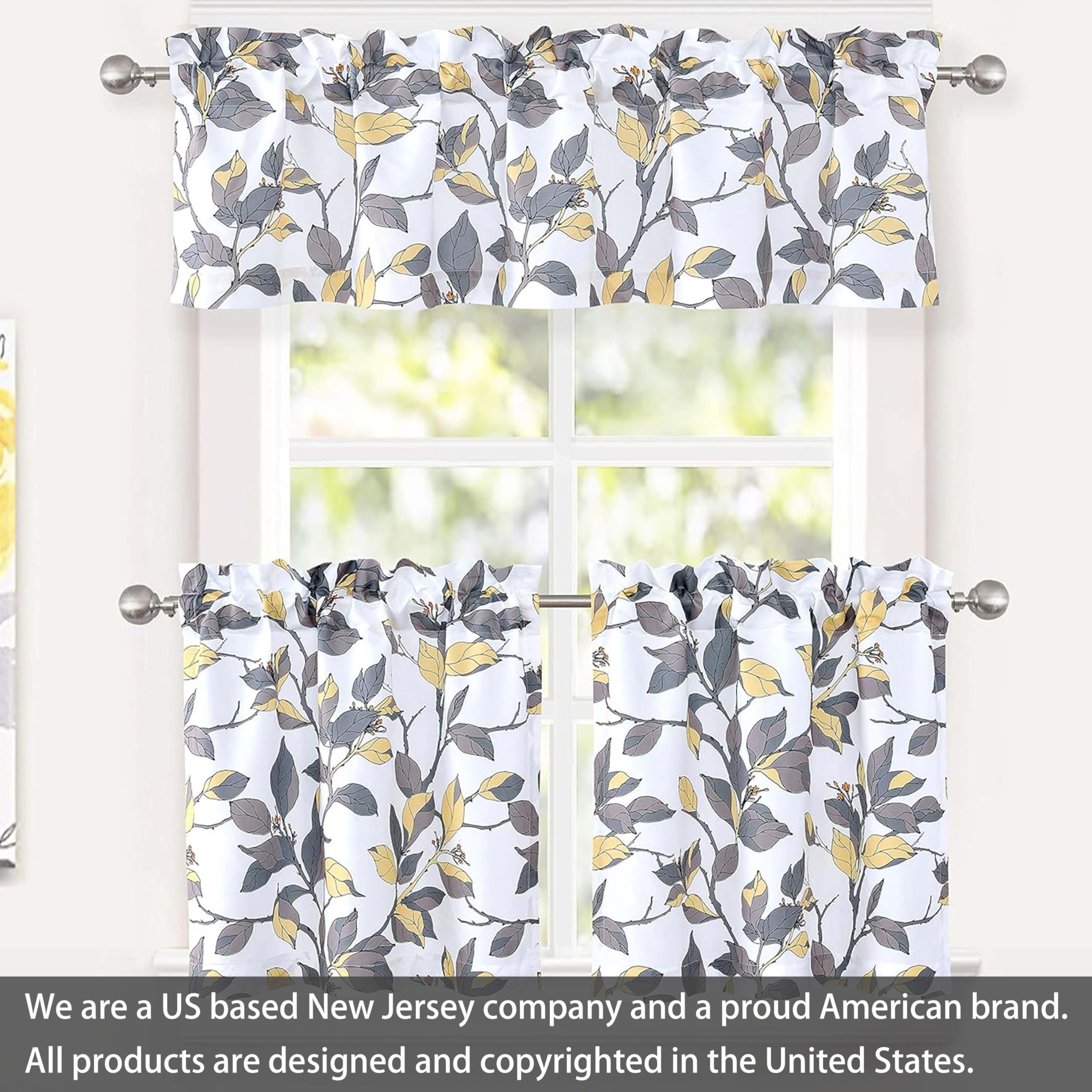 DriftAway 3 Piece Kitchen Curtains with Valance and Tier Sets Yellow Floral Branch Farmhouse Light Filtering 24 Inch Kitchen Window Curtains Over Sink for Bathroom Living Room