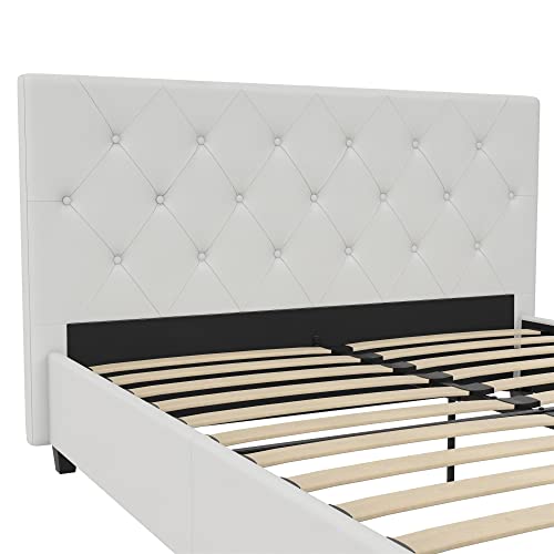 DHP Dakota Upholstered Platform Bed with Diamond Button Tufted Headboard and Footboard, No Box Spring Needed, Queen, White Faux Leather