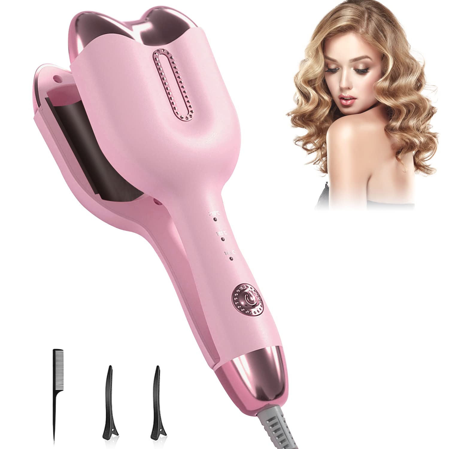 Curling Iron Hair Crimper, 32mm (1.25'') Ceramic Tourmaline 2 Barrels Hair Curling Wand with Three Temperature Control, Hair Waving Styling Tools Pink