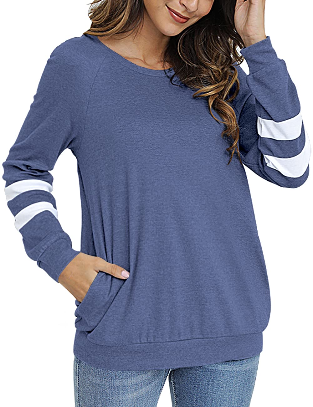 FOLUNSI Casual Round Neck Long Sleeve Loose Fit Tunic Tops Comfy with Pockets Cloudy Blue, 1X