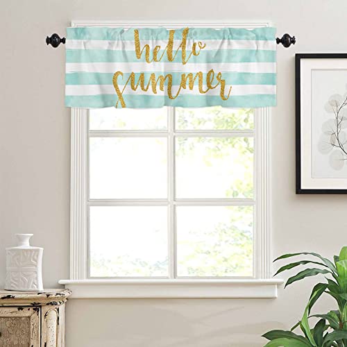 Vograud Valances for Windows, Hello Summer Gold Round Spots on Blue and White Stripes Rod Pocket Kitchen Curtains Valances, Short Window Valances for Living Room Bathroom 42β x 18β