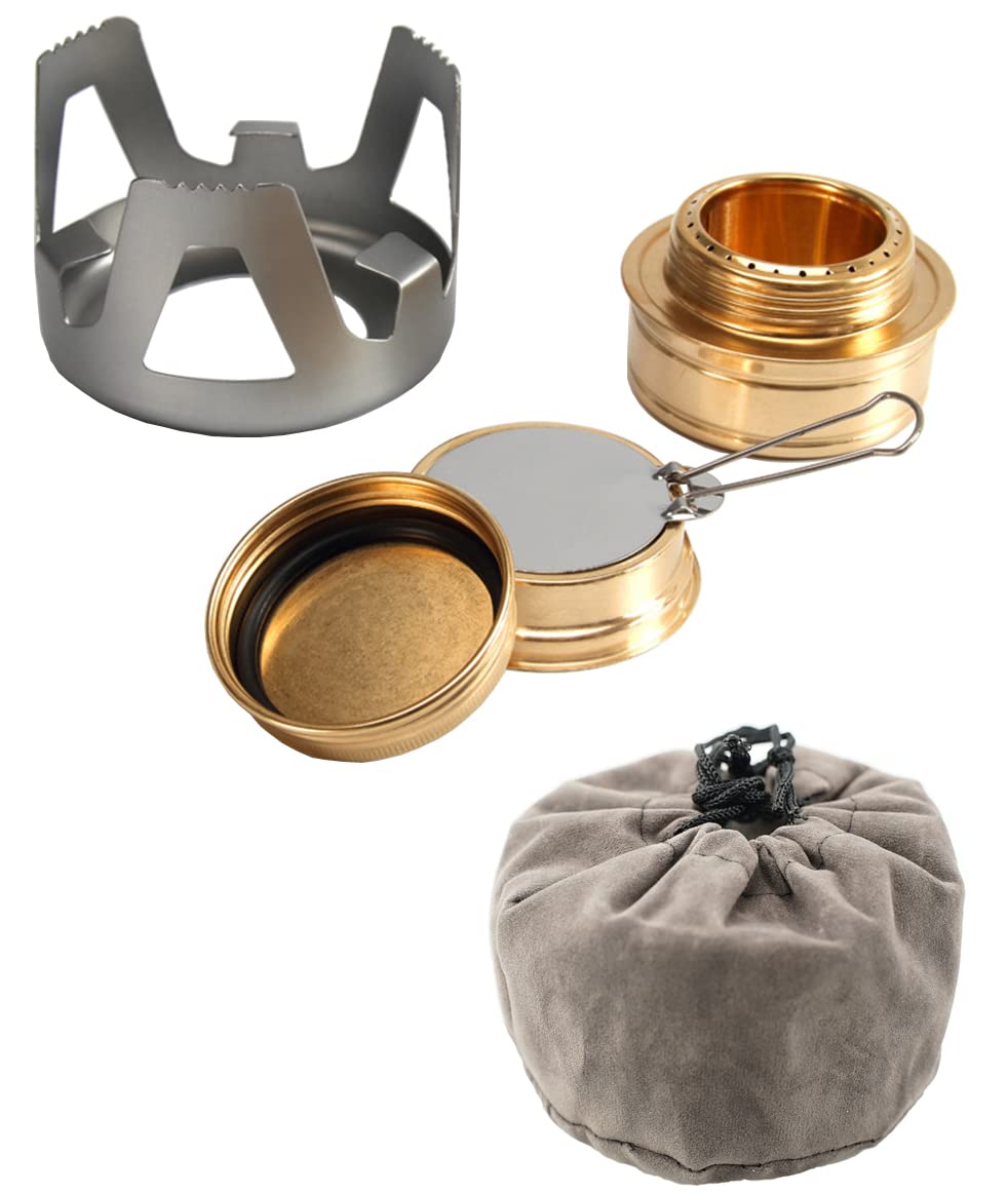 DZRZVD Mini Alcohol Backpacking Stove, Lightweight Brass Spirit Burner with Aluminium Stand for Camping Hiking and Picnic (Gold)