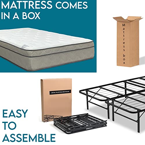 Mayton King 12 Inch Breathable Ultra Plush Hybrid Mattress Pain and Pressure Relieving Extra Soft EuroTop & Black 14" Metal Platform Bed Frame, Mink