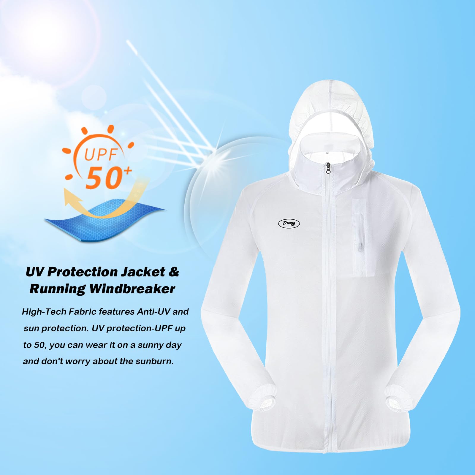 Dooy Sun Protection Jacket Ultra Light Thin Breathable Packable Outdoor Cycling Jacket Hoodie Skin Clothing for Men & Women(white,XL)
