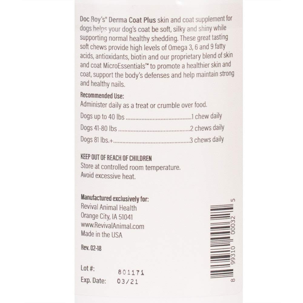 Revival Animal Health Doc Roy's Derma Coat Plus Skin & Coat Supplement for Medium/Large Dogs - 60 ct Chews