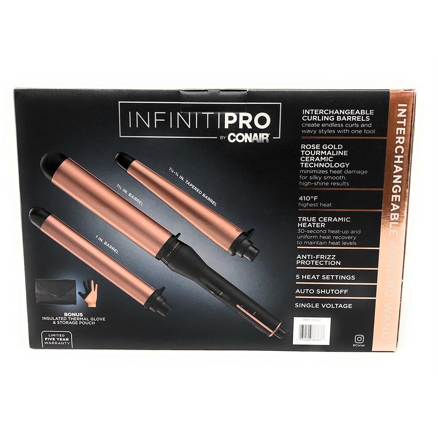 Conair Ceramic Curling Iron Multi-Attachment Set Interchangeable 3 Clamp-less Curling Wand Barrel Set for Creating Curls and Wavy Styles with 5 Digital Heat Settings