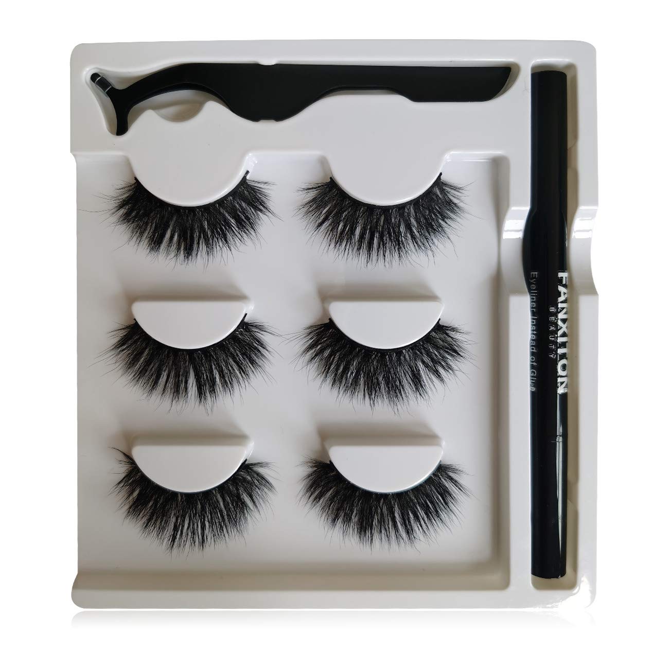 False Eyelashes with Eyeliner Kit, FANXITON 3 Pairs Faux Fluffy Mink Eyelashes with Eyeliner - Strong Hold for Lashes - No Magnet and No Glue Needed