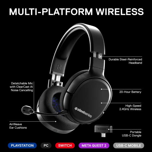 SteelSeries Arctis 1 Wireless Gaming Headset for Playstation – USB-C Wireless – Detachable ClearCast Microphone – for PS5, PS4, PC, Nintendo Switch, Android – Black