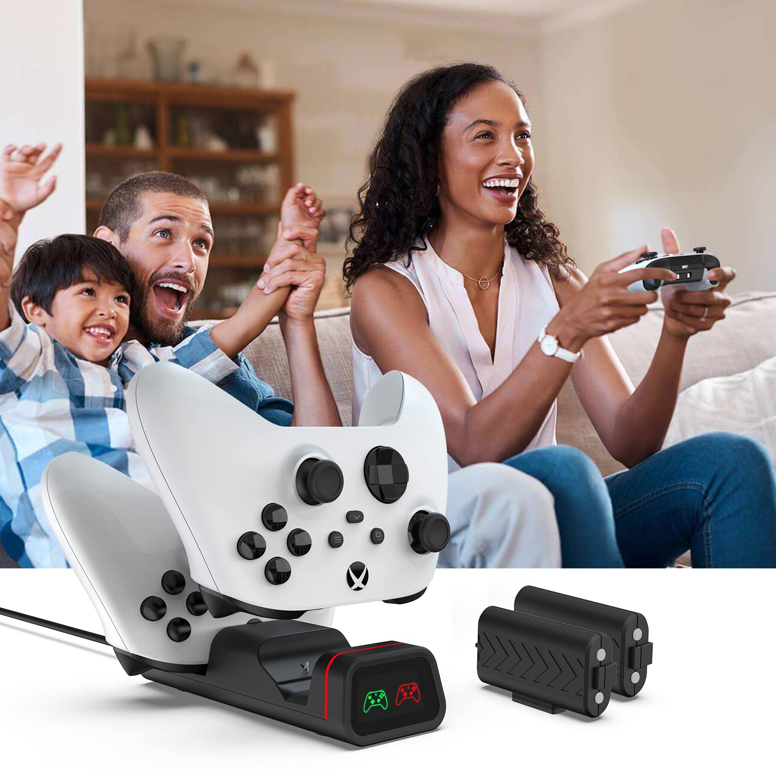 Dobe Xbox Controller Charger, Xbox Controller Charging Station Compatible with Xbox Series X/S/One/One X/One S/One Elite, Two Fast Charging Docking Station with 2 x 800mAh Rechargeable Battery Packs
