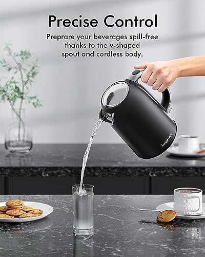 Longdeem Fast-Boil Electric Tea Kettle, 1.7L Stainless-Steel Water Heater, 1500W, Cordless Matte Black Design with LED, Auto-Shutoff & Anti-Dry Protection