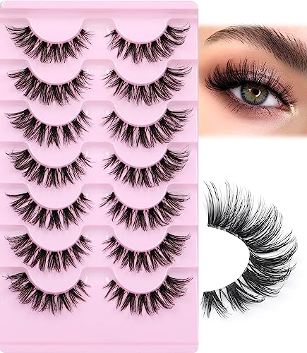 False Lashes Clear Band Eyelashes Natural Cat Eye Lashes Wispy Fake Eyelashes 16mm Fluffy Mink Lashes Pack 7 Pairs by Yawamica