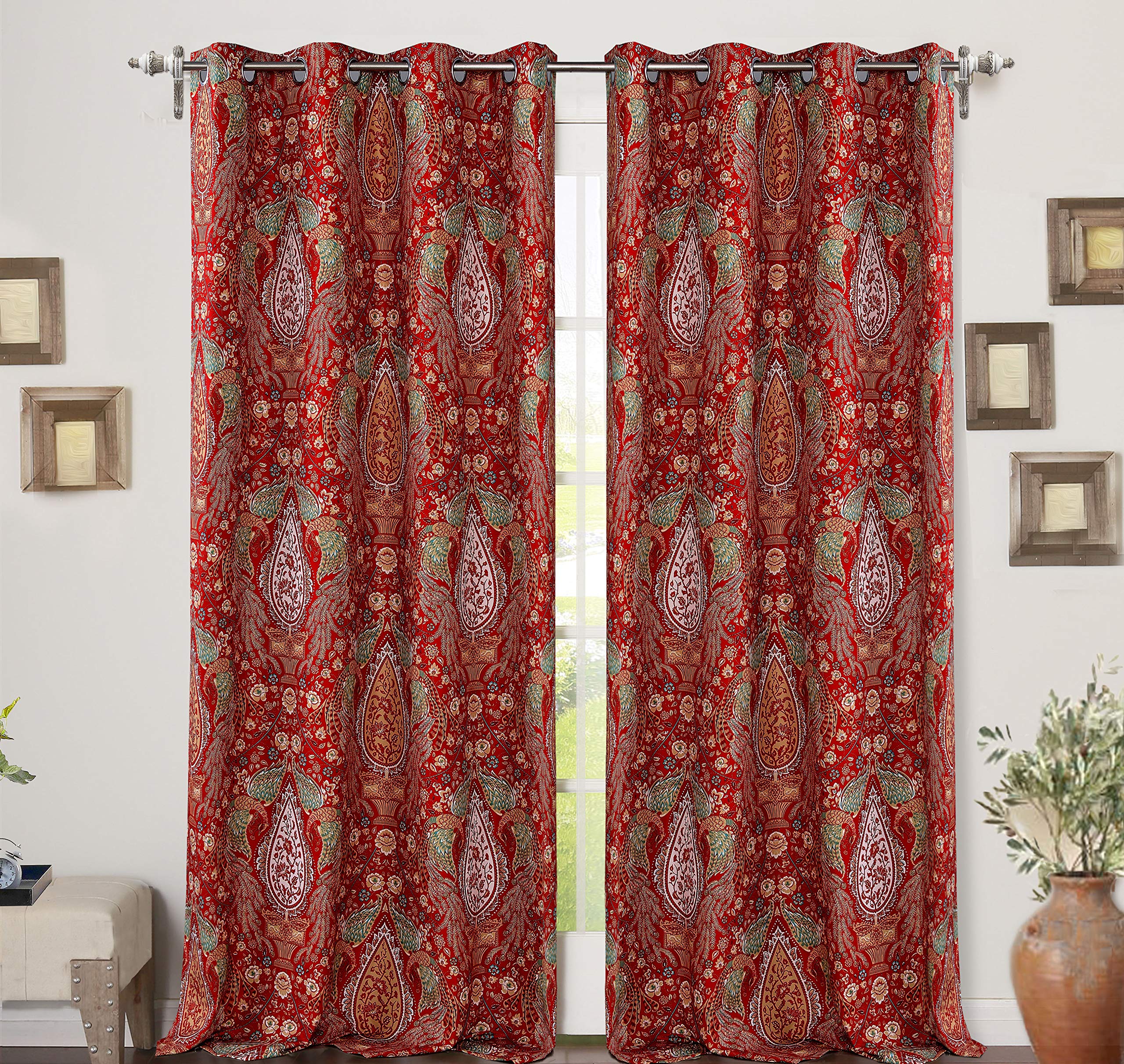 DriftAway Red Curtains for Bedroom 84 Inch Room Darkening Blackout Medallion Peacock Pattern for Living Room Window Drapes Grommet 2 Layers 2 Panels