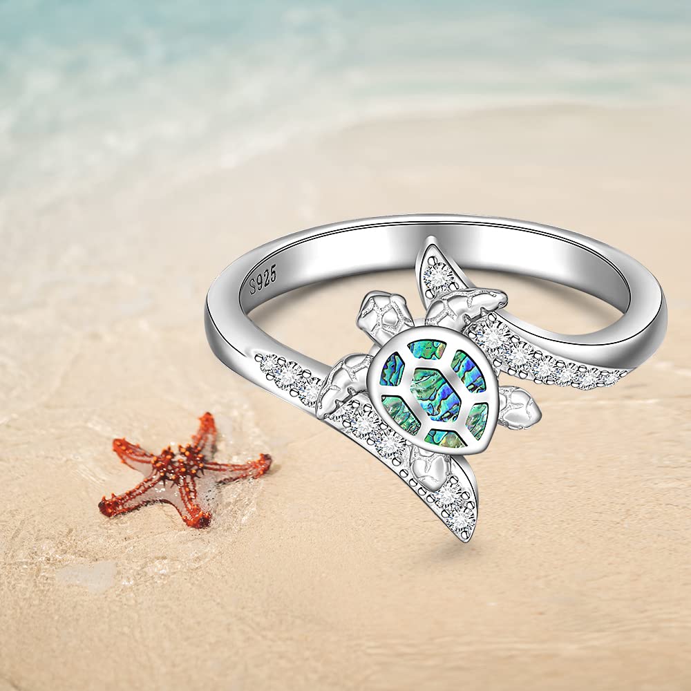 Fenthring Sterling Silver Sea Turtle Ring Abalone Shell Ocean Wave Cute Animal Rings for Women Jewelry Mothers Day Longevity Gifts Size 9