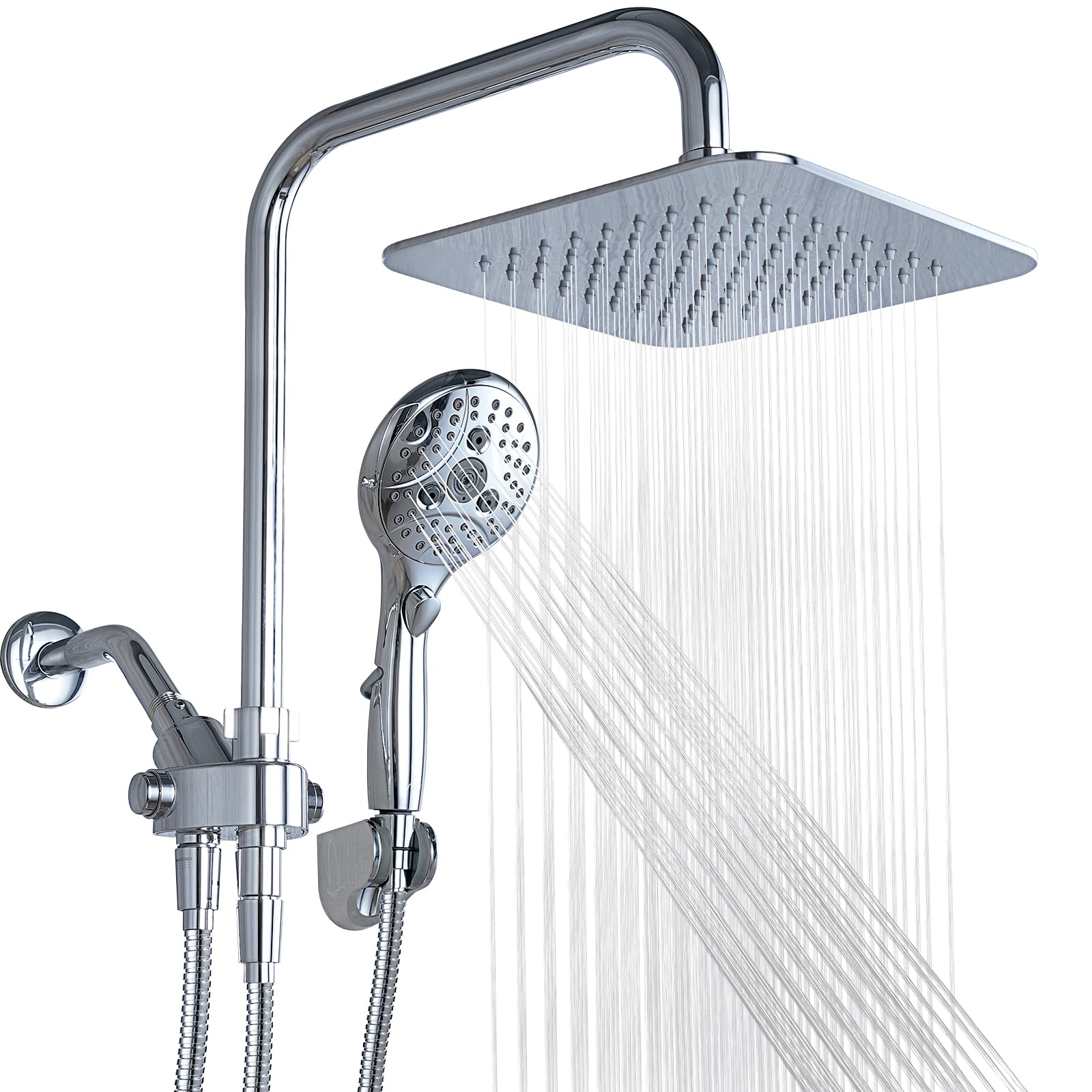VXV Rainfall Shower Head Combo, 8'' High Pressure Rain Shower Head with 6 Function Handheld Spray, Dual Shower Head Combo with Adjustable Slide Bar, Chrome