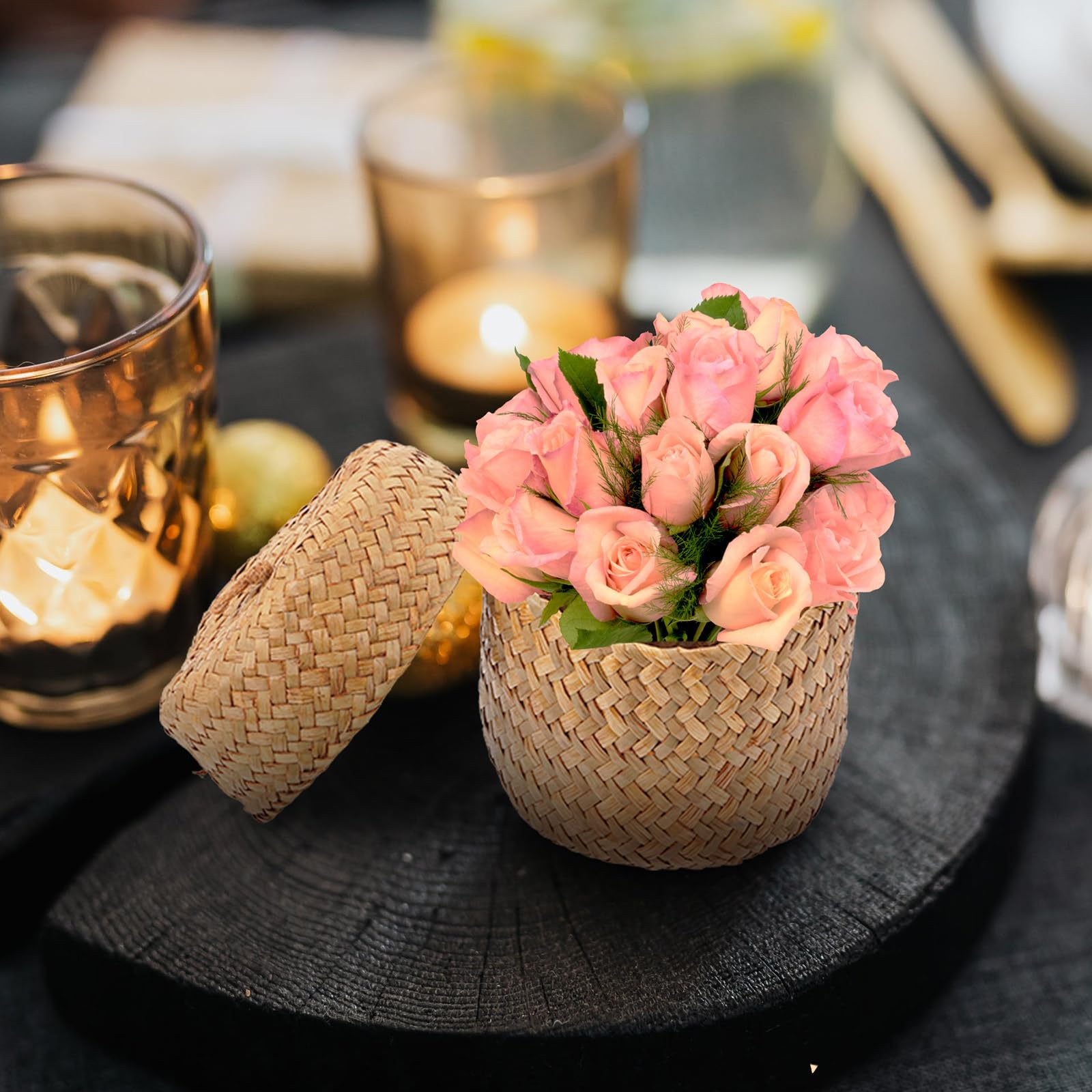 MAGICLULU 3pcs Flower Basket Candy Bowl Generic Round Basket Light House Decorations for Home Rustic Storage Bins Small Seagrass Basket with Lid Cutlery Desk Child Seaweed Cosmetic