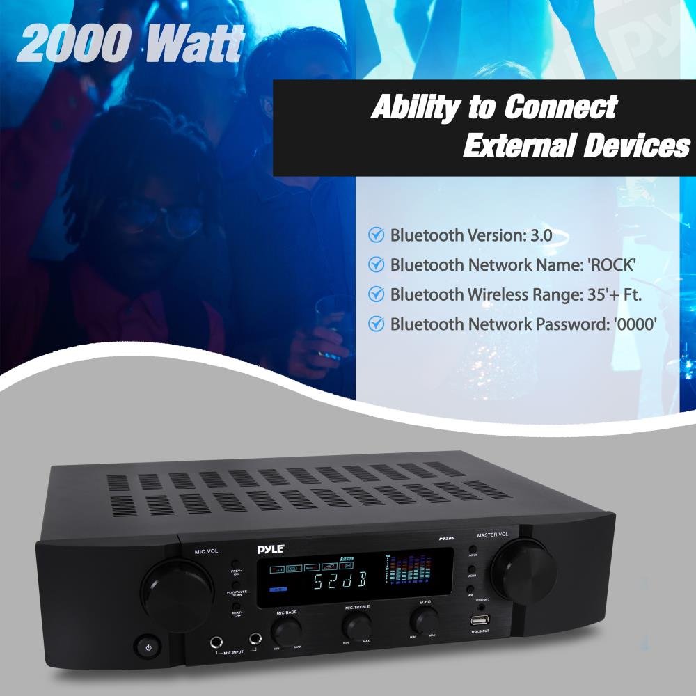 Pyle Updated Premium Pyle Stereo Preamplifier, Home Entertainment Receiver, Bluetooth Amp, RCA Audio Input, 2 Channel Amp, AM/FM Radio with LCD Display, MP3/USB/AUX, AC Power Cable PT395