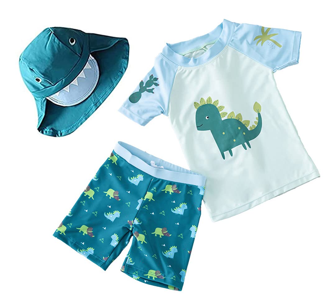 SWMSTUPF Baby Boys Swimsuit Toddler Two Pieces Swimwear Set Dinosaur Bathing Suit Rash Guards with Hat UPF 50+(Dinosaur,18-24Months)