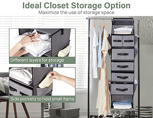 Kootek 7 Shelf Hanging Closet Organizer with Drawers, Hanging Closet Shelves Closet Storage 6 Clothing Drawer Side Pockets for Clothes, Bras, Socks, Underwear, Nursery Room, Wardrobe