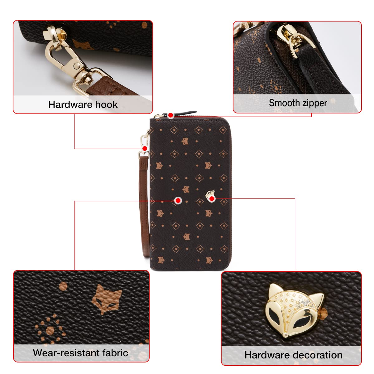 FOXLOVER Leather Zipper Wallets for Women, Ladies Clutch Wallets Purses with ID Window Gift Box Packing Womens Credit Card Holders Wallets (Brown)
