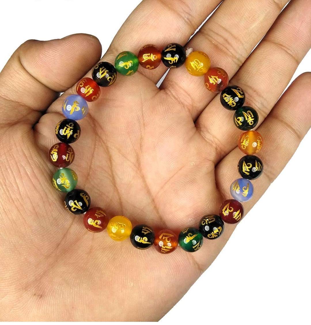 DHYANARSH Om Mani Padme Hum Engraved Multicolor Stone Crystal Bracelet - Natural Healing Stones for Reiki, Tarot & Feng Shui