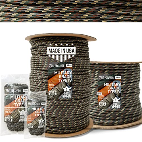 THREE VIKINGS Premium 750lb Tactical Paracord Rope Parachute Cord in Many Colors and Length Continuous Spools - Camo - 25 Ft. (Coiled in Bag) - TP750-Camo-25