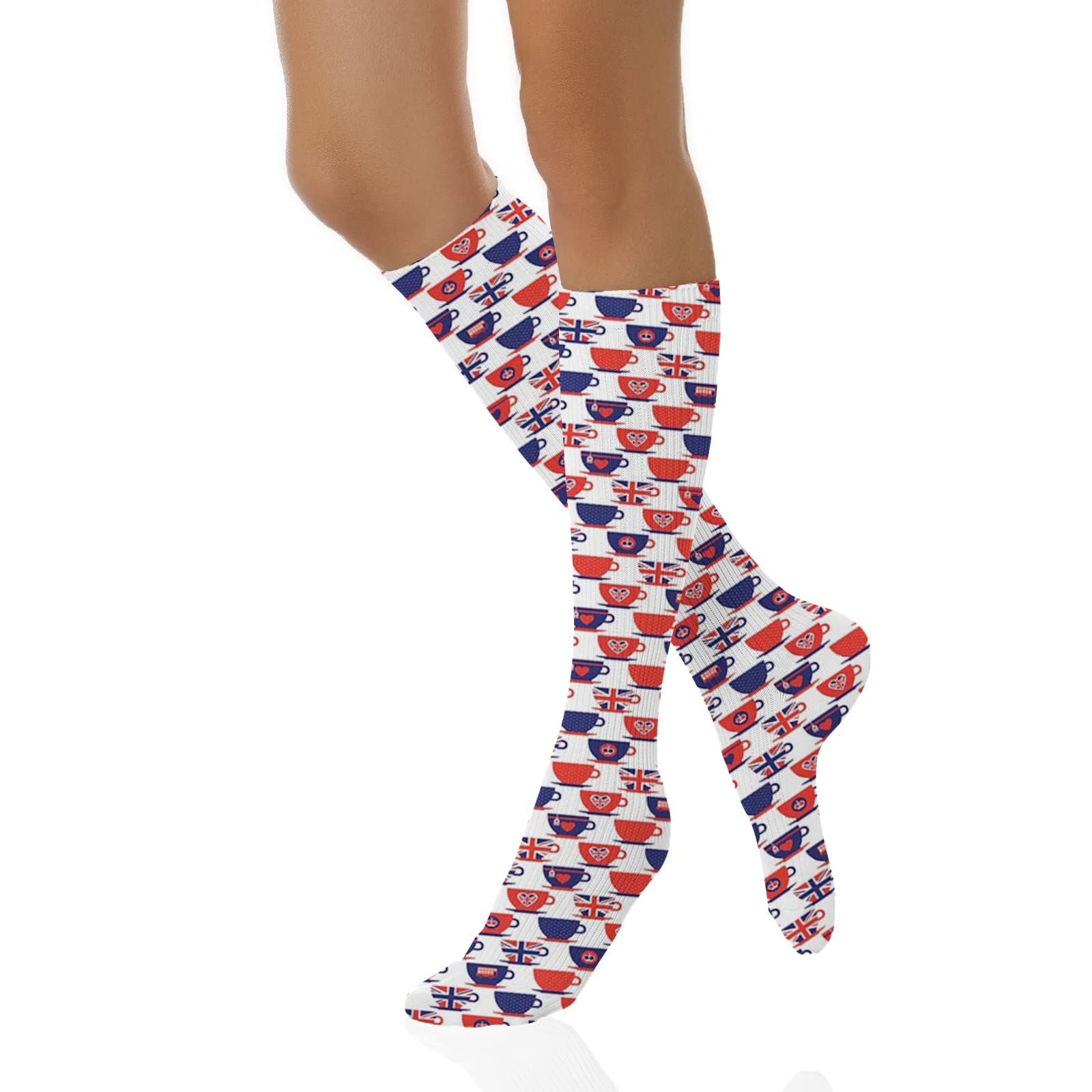 feprena London Funny Compression Socks Women and Men,Tea Party Theme Flag Pattern Cups,Best for Circulation,Running,Athletic,Nurse,Travel,Vermilion Navy Blue -20 inch